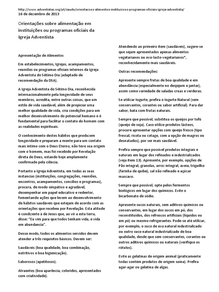 Adventistas-Orientação Alimentar | PDF | Suco | Dieta e Nutrição