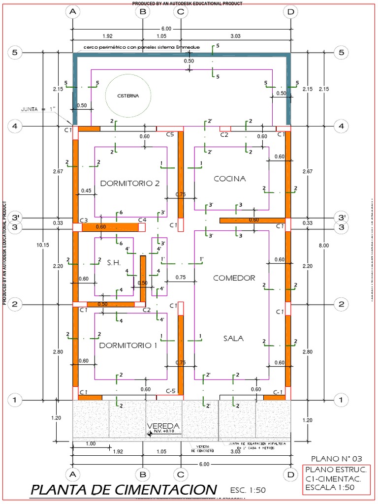 Plano Vivienda - Cimentacion Planta Escala 1 50 PDF | PDF