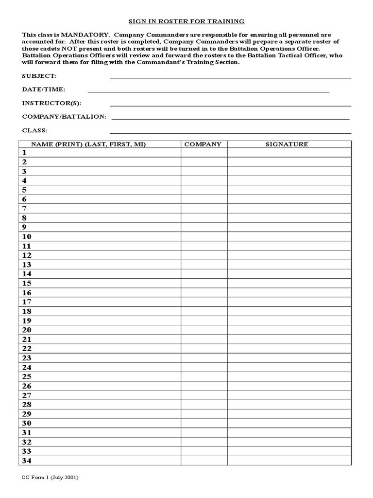 CC Form 1 Sign in Roster For Training | PDF