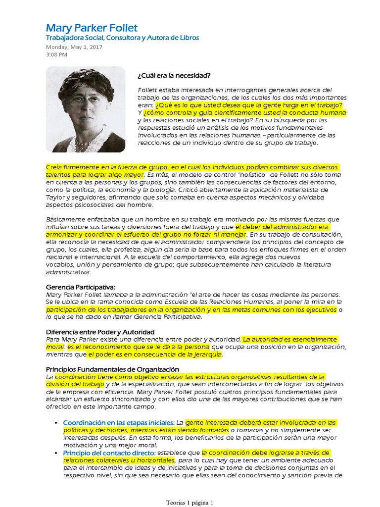 Aportaciones De Mary Parker Follet A La Administración Pdf Toma De