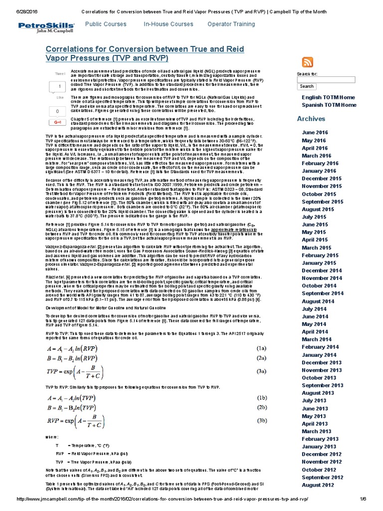 Correlations For Conversion Between True and Reid Vapor Pressures (TVP ...