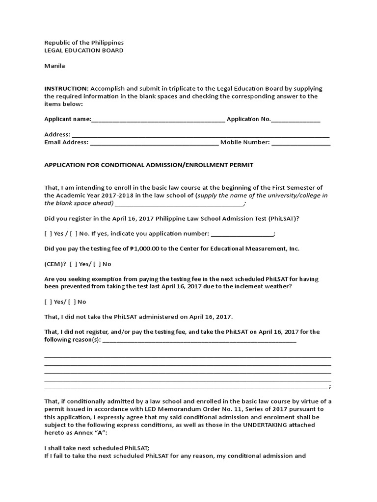 Application For Conditional Admission LEB PHILSAT | PDF | Legal ...