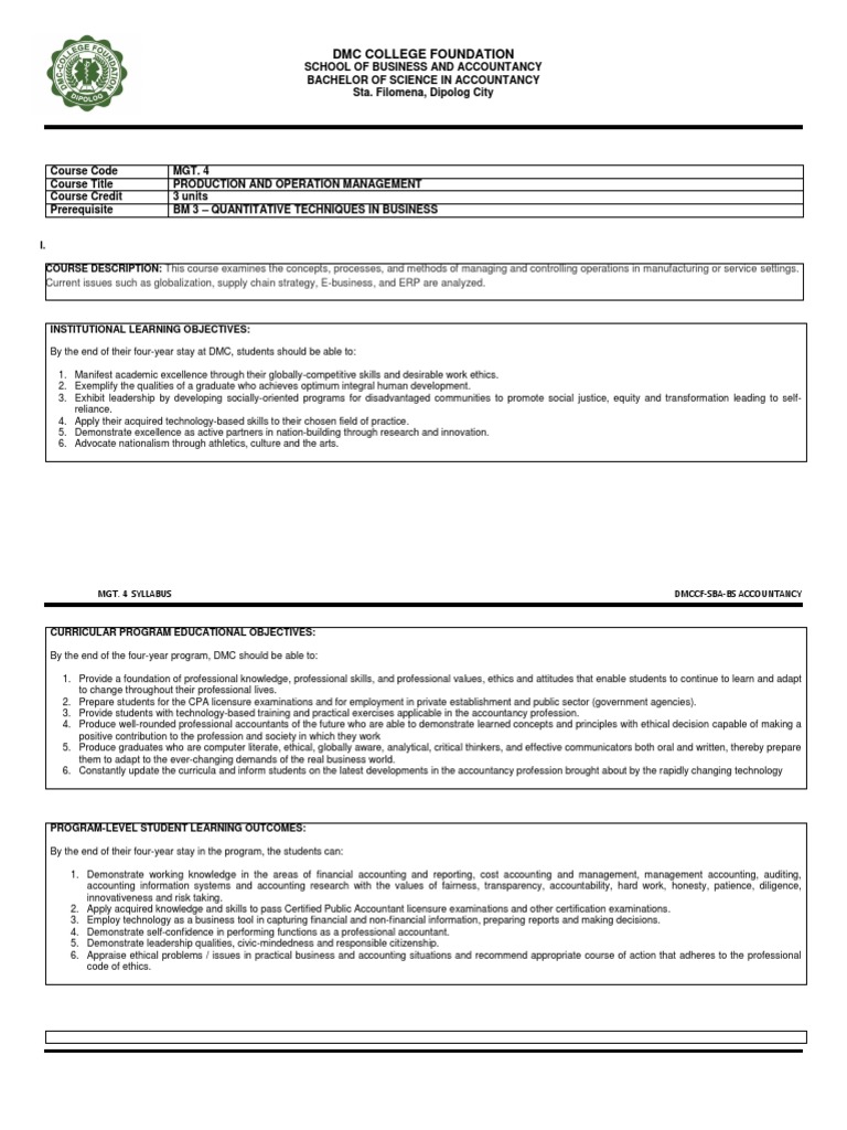 Production and Operations Management Syllabus | PDF | Accounting ...