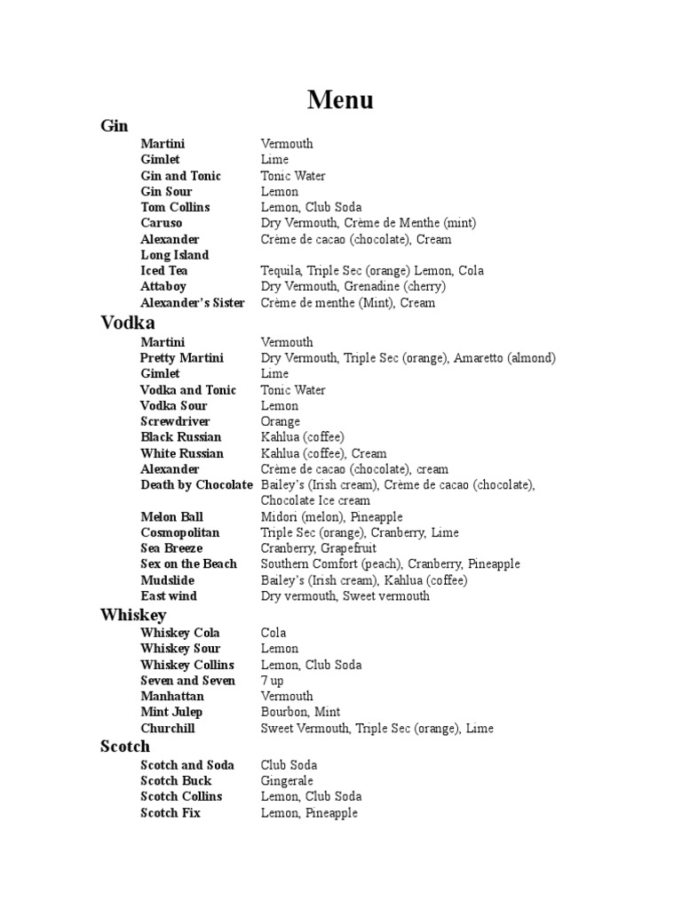 Menu | PDF | Cream | Martini (Cocktail)