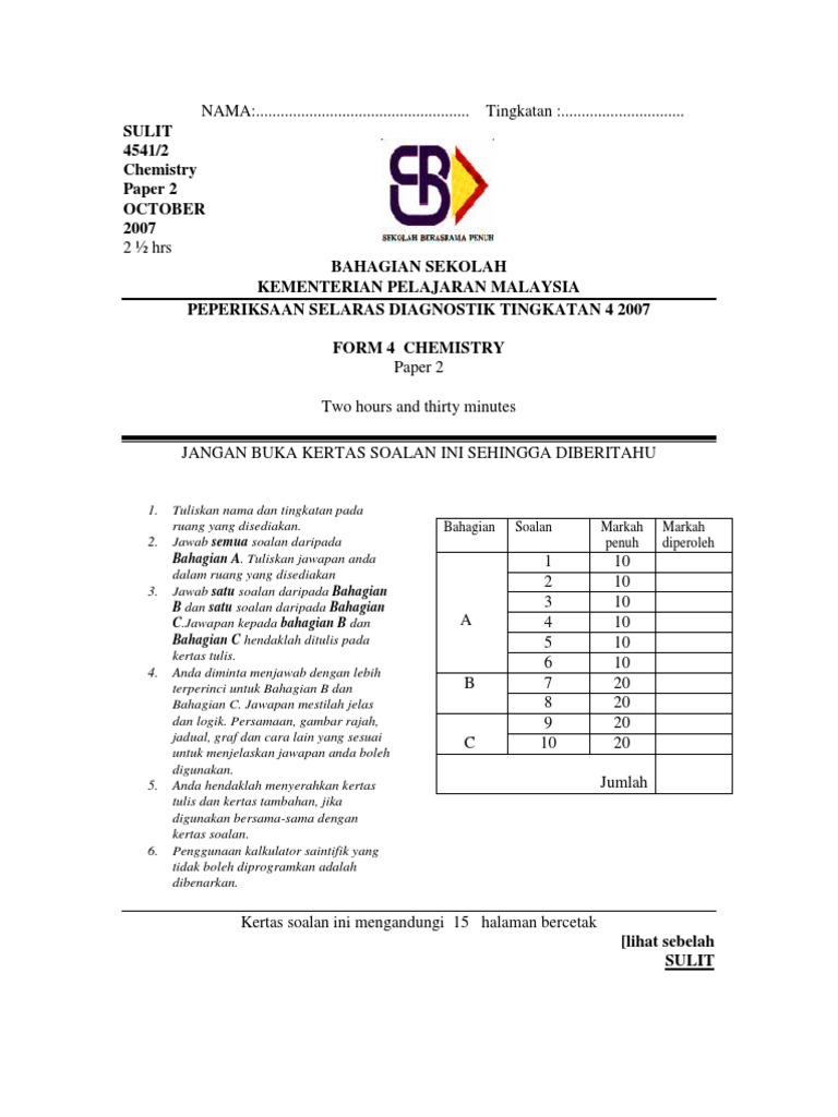 PAPER 2 Kimia f4 Fina SBP 07 PDF | PDF