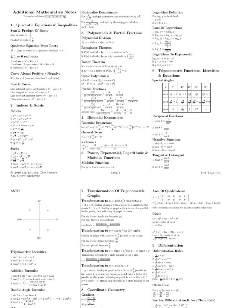 Additional Mathematics Summary Notes | PDF | Trigonometric Functions | Sine