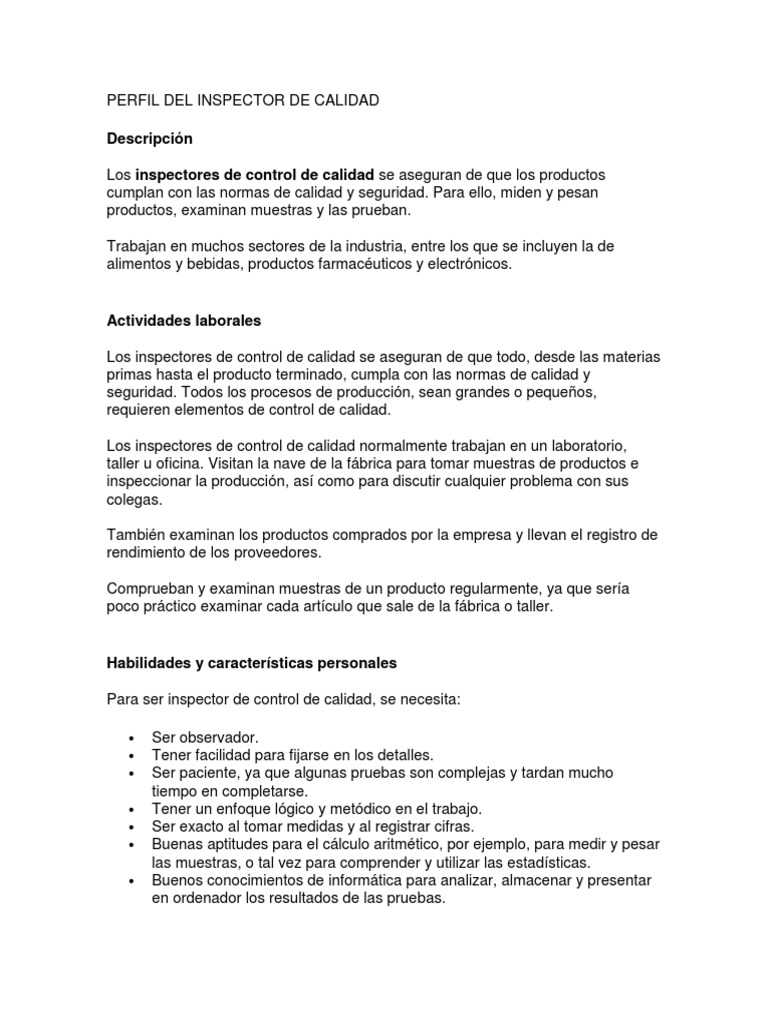 Perfil Del Inspector de Calidad | PDF | Calidad (comercial) | Estadísticas