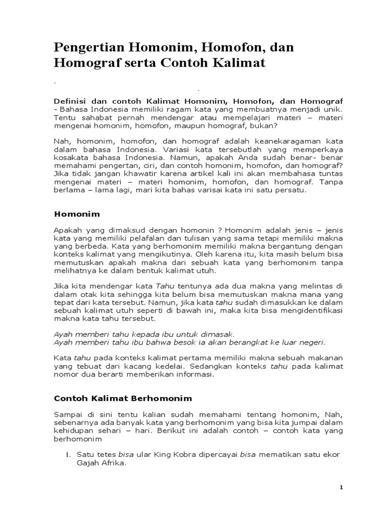 Pengertian Homonim, Homofon, Dan Homograf Serta Contoh Kalimat | PDF ...