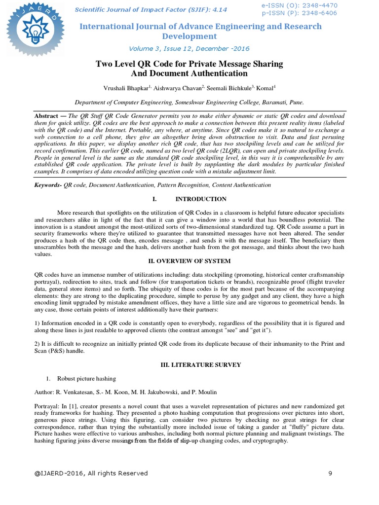 Two Level QR Code For Private Message Sharing and Document Authentication-IJAERDV03I1227786N PDF ...