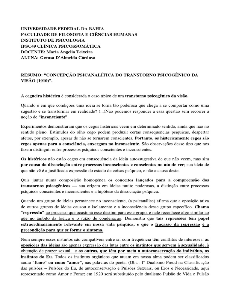 Concepção Psicanalítica Do Transtorno Psicogênico Da Visão - Resumo ...