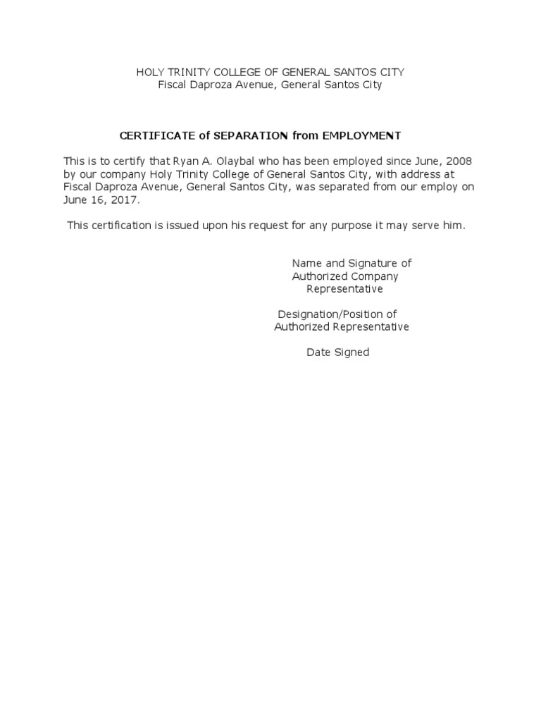 Certificate of Separation From Employment | PDF