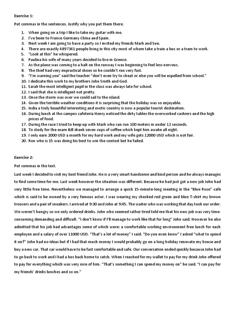 Commas Exercises | PDF