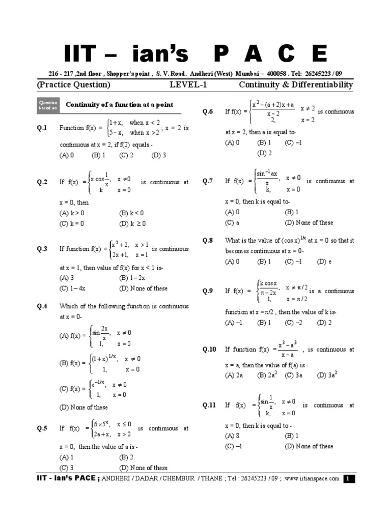 Continuity And Differentiability Practice Question Pdf Continuous Function Trigonometric