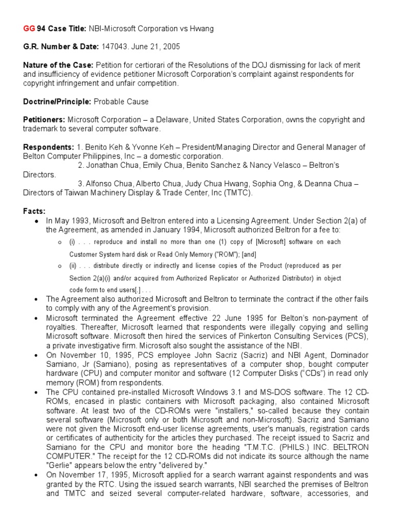 94 NBI-Microsoft Corporation Vs Hwang | PDF | Copyright Infringement ...