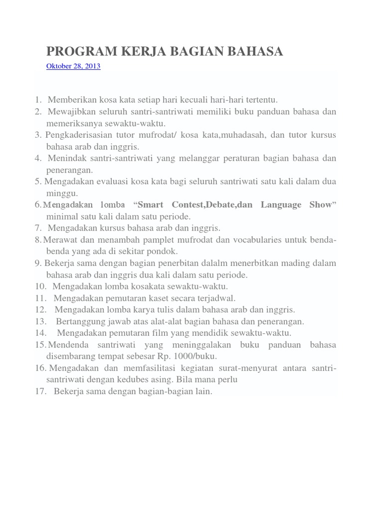 Program Kerja Bagian Bahasa Pesantren | PDF