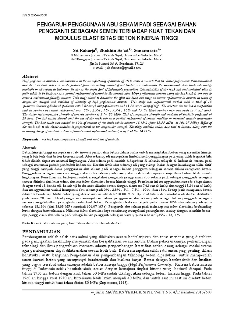 Pengaruh Penggunaan Abu Sekam Padi Sebagai Bahan Pengganti Sebagian Semen Terhadap Kuat Tekan ...