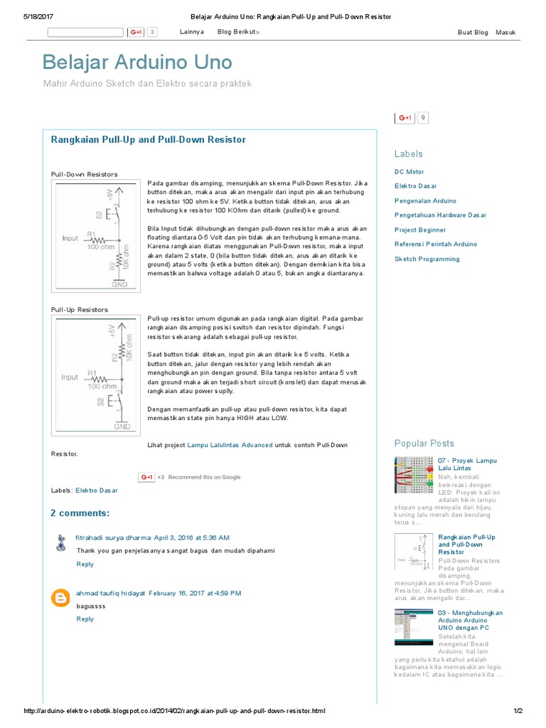 Belajar Arduino Uno - Rangkaian Pull-Up and Pull-Down Resistor | PDF