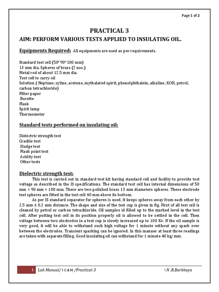 Practical 3: Aim: Perform Various Tests Applied To Insulating Oil | PDF ...