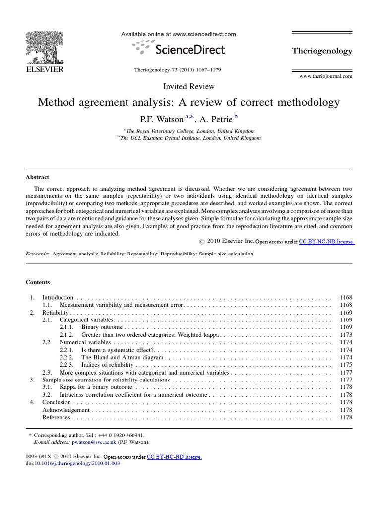Method Agreement Analysis: A Review of Correct Methodology: P.F. Watson ...