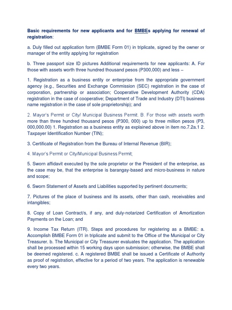 BMBE Requirements | PDF | Sole Proprietorship | Government Finances