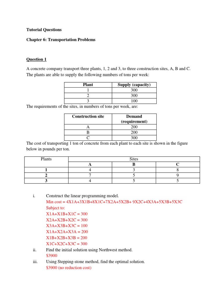 Tutorial Questions Chapter 6: Transportation Problems | PDF | Linear ...