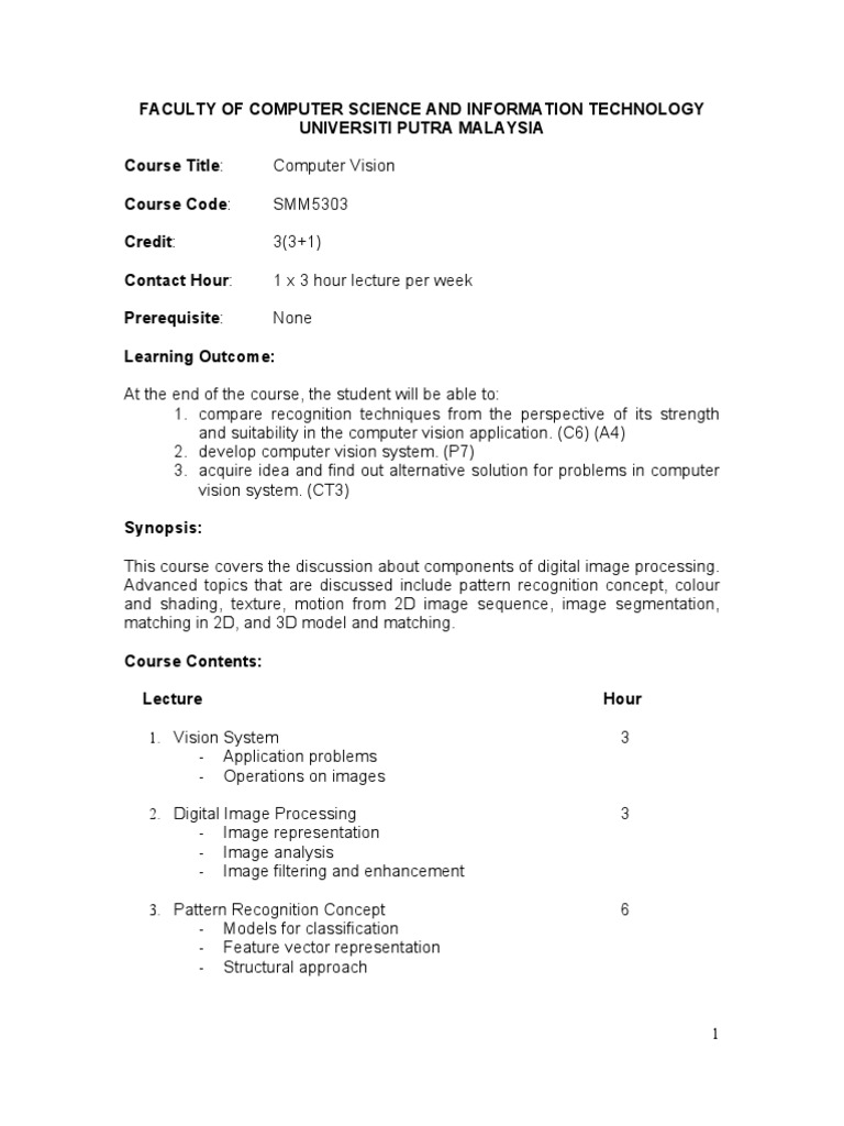 SMM5303 Syllabus | PDF | Computer Vision | Pattern Recognition