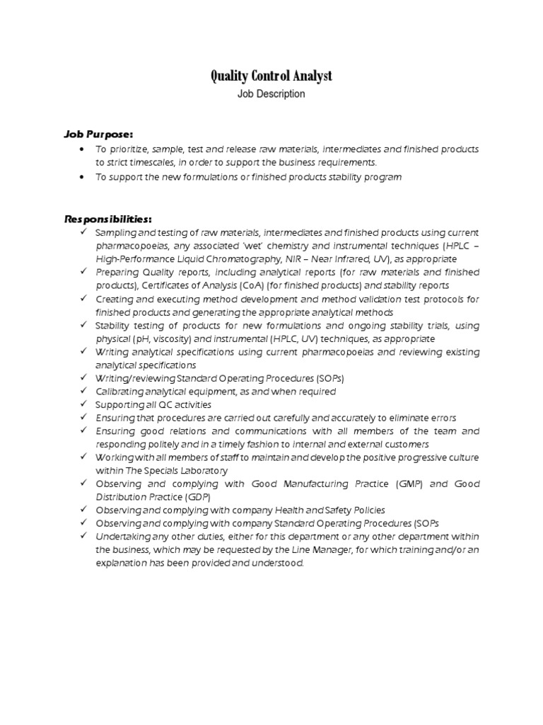 Quality Control Analyst: Job Purpose | PDF | High Performance Liquid ...