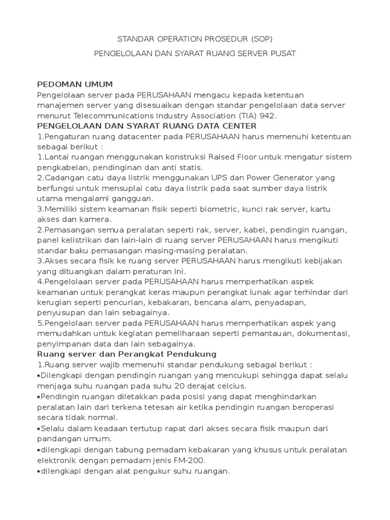 SOP Pengelolaan Data Center PERUSAHAAN | PDF | Griya & Taman
