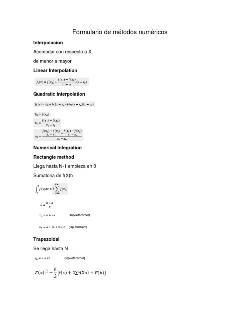 Formulario de Métodos Numéricos: Interpolacion | PDF