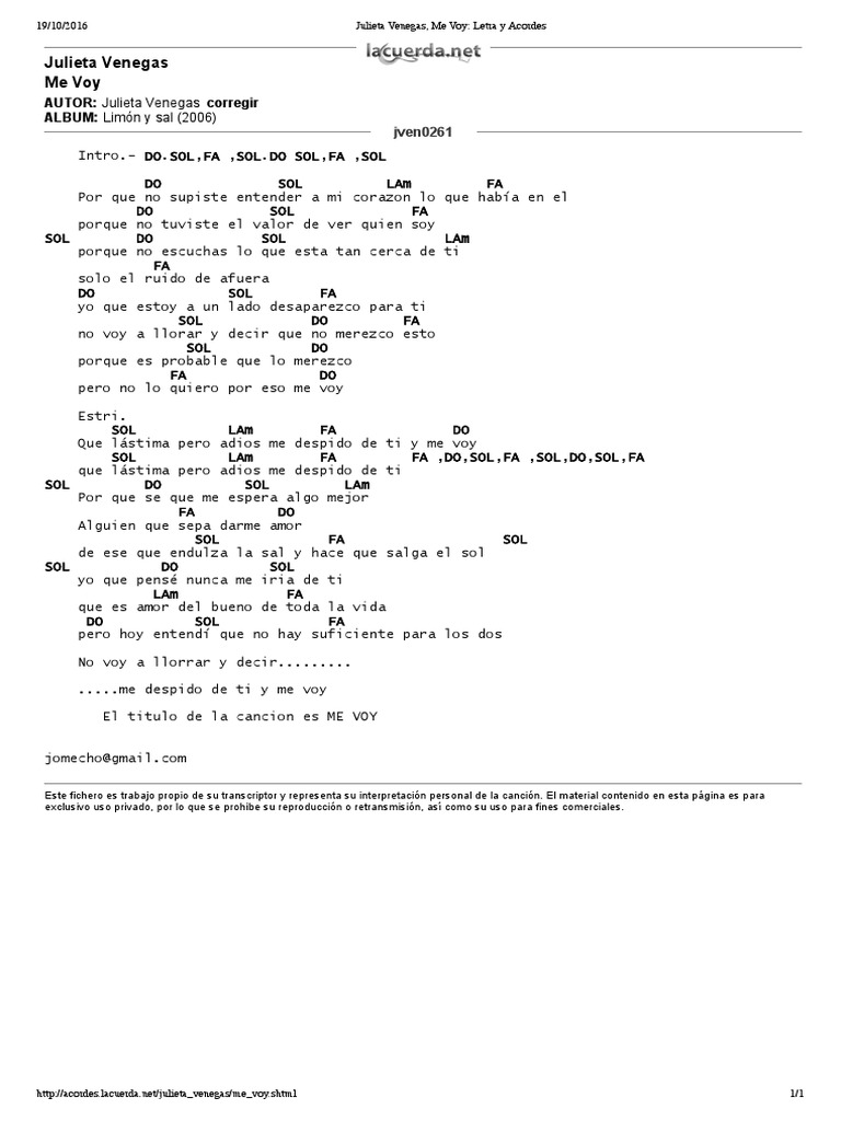 Julieta Venegas, Me Voy - Letra y Acordes PDF | PDF | Música grabada ...