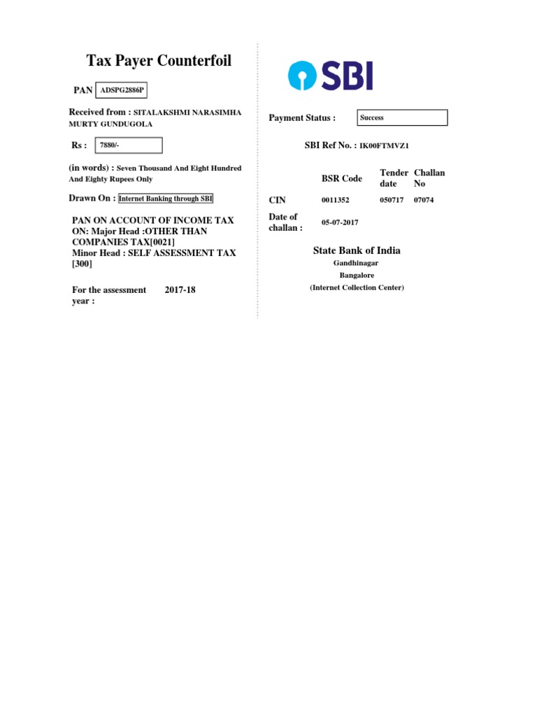 Tax Challan Sbi 1499247251466ik00ftmvz1 | PDF