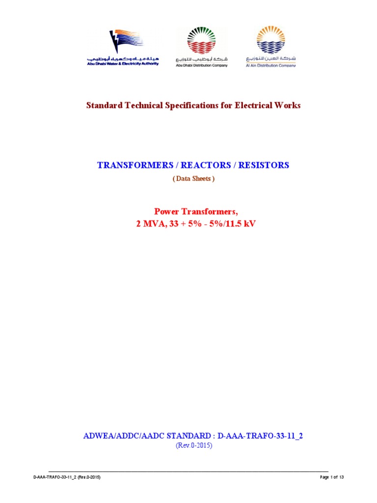 Standard Technical Specifications For Electrical Works: Transformers ...