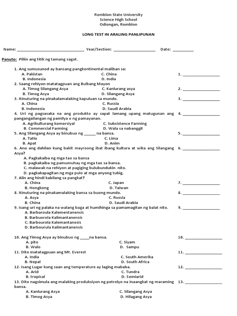 LT Aralin Panlipunan - 1st Grading | PDF