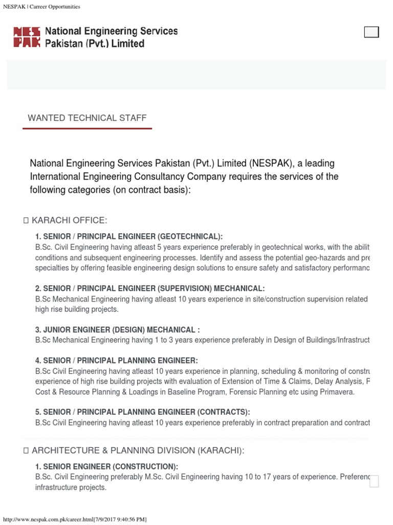 NESPAK Carreer Opportunities | PDF | Civil Engineering | Engineering