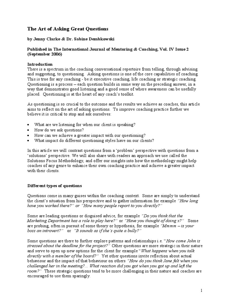 The Art of Asking Great Questions | PDF | Solution Focused Brief ...