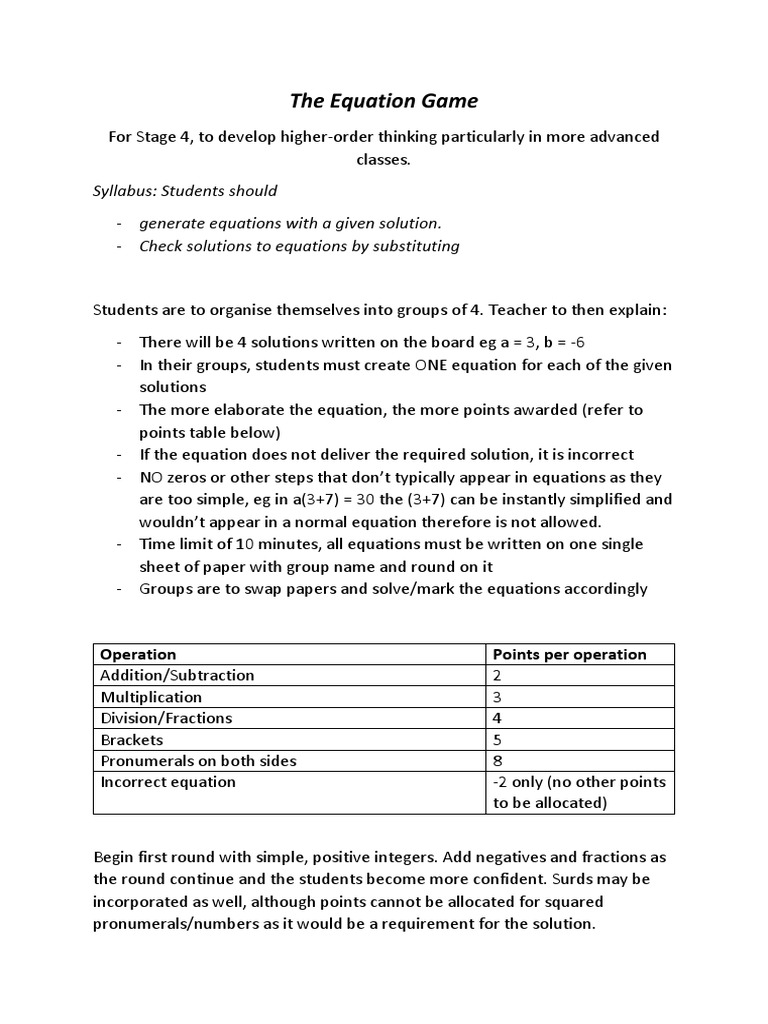 4 The Equation Game | PDF | Teaching Methods & Materials | Self-Improvement