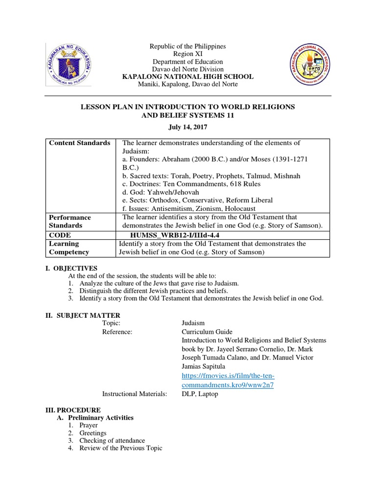 Lesson Plan in Introduction To World Religions and Belief Systems 11 ...