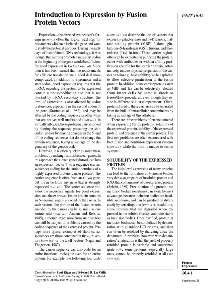 Introduction To Expression by Fusion Protein Vectors: UNIT 16.4A | PDF ...