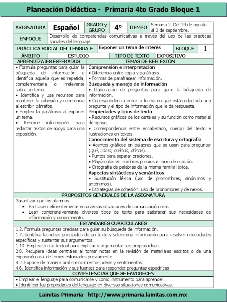 Planeación Didáctica Español 4° Grado | PDF | Palabra | Oración ...