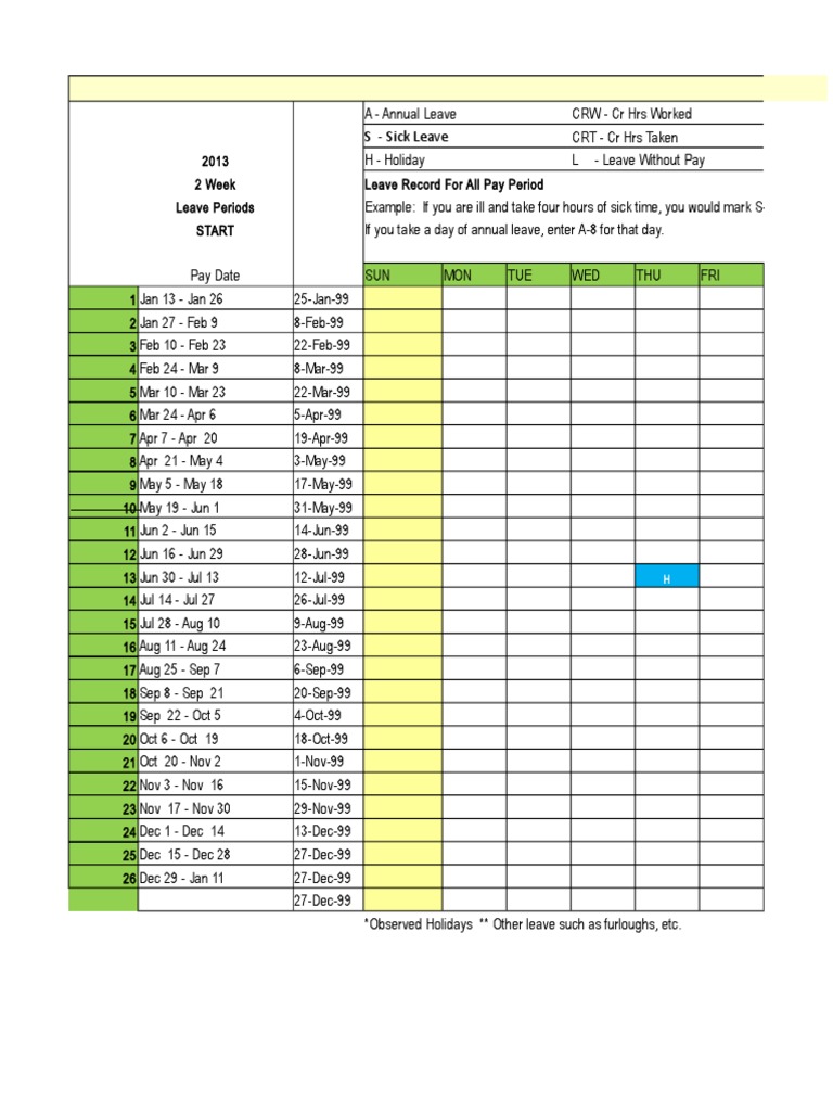 2013 Annual Leave Calculator: 2013 2 Week Leave Record For All Pay ...