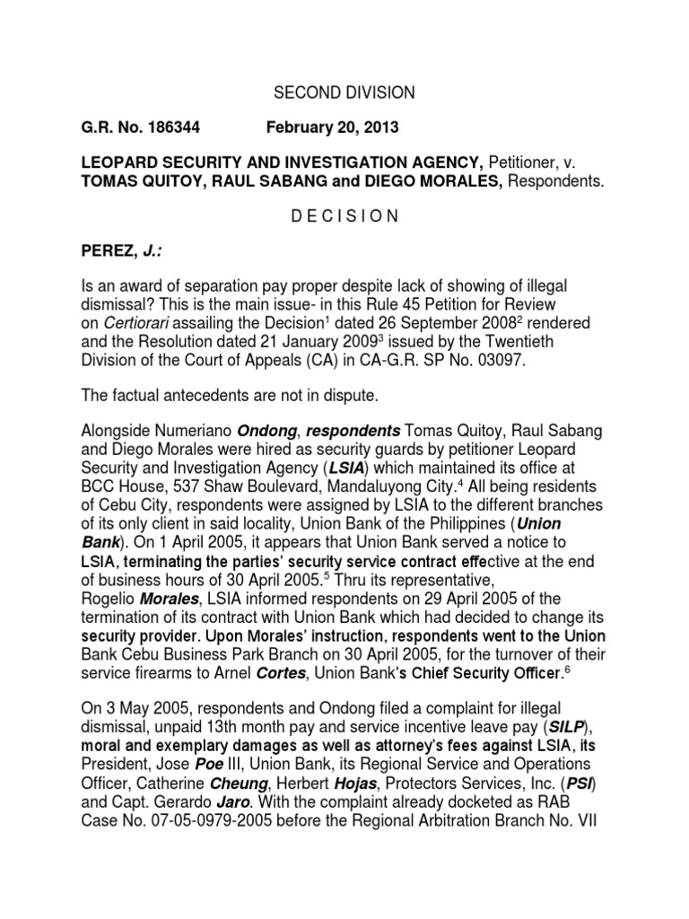 Floating Status - Leopard Security and Investigation Agency v. Quitoy ...