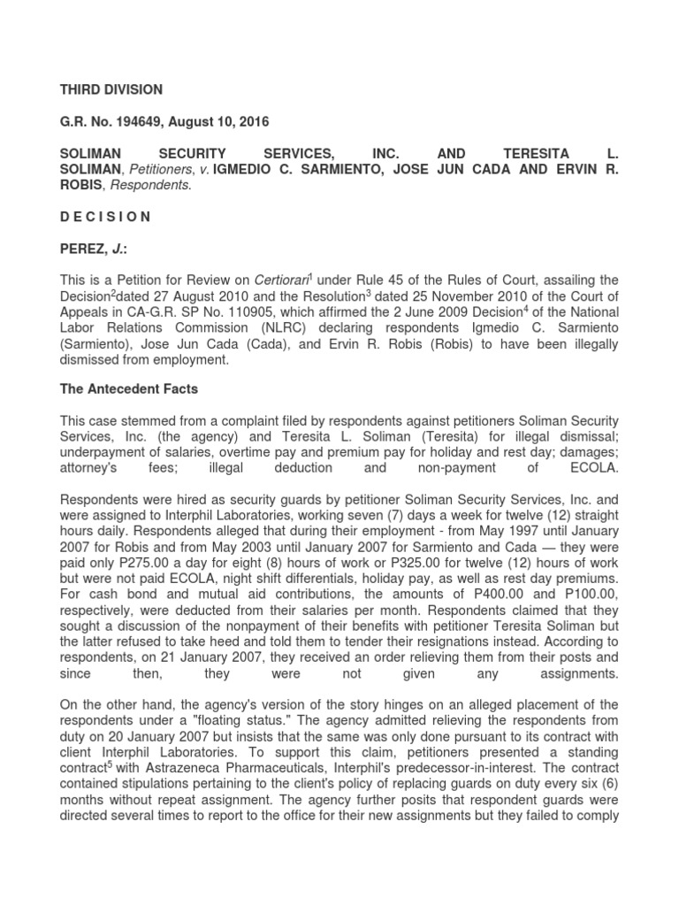 Floating Status - Soliman Security Services, Inc. and Teresita L ...