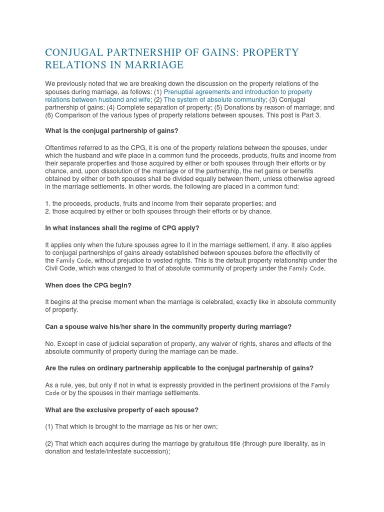 Conjugal Partnership of Gains | PDF | Marriage | Ownership
