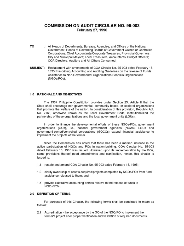 COA Circular No. 96-003 | Non Governmental Organization | Audit