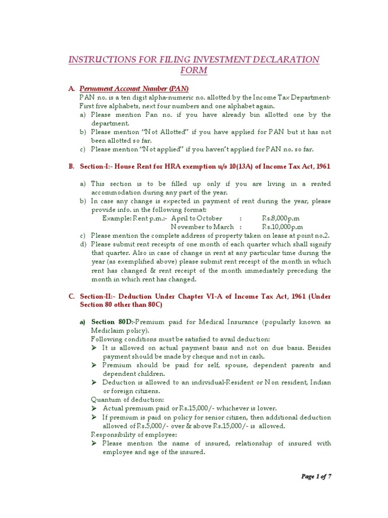 Instructions For Filing Investment Declaration Form: A. Permanent ...