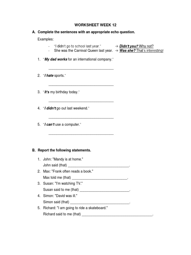 Worksheet Week 12: A. Complete The Sentences With An Appropriate Echo ...