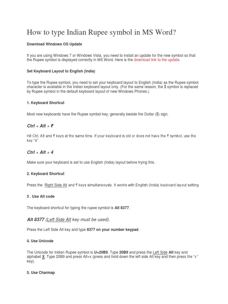 How To Type Indian Rupee Symbol in MS Word | PDF | Computer Keyboard ...