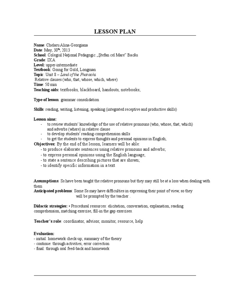 Relative Clauses Lesson Plan | PDF | Reading (Process) | Lesson Plan