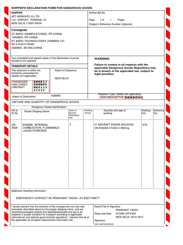 Consignee: Shipper'E Declaration Form For Dangerous Goods | PDF ...