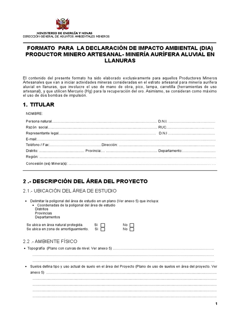 Formato Para La Declaración De Impacto Ambiental (Dia) Productor Minero ...